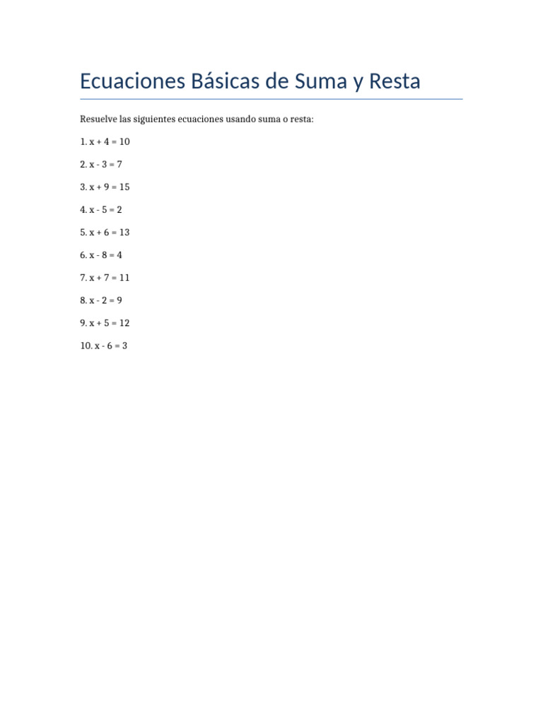 Ejercicios Ecuaciones Suma Resta | PDF