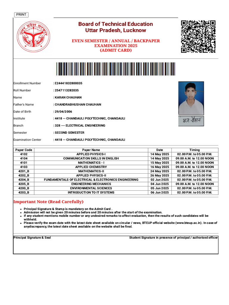 Bteup - Ac.in ESeva Student AdmitCard - Aspx EnrollNumber E24441832800035 | PDF