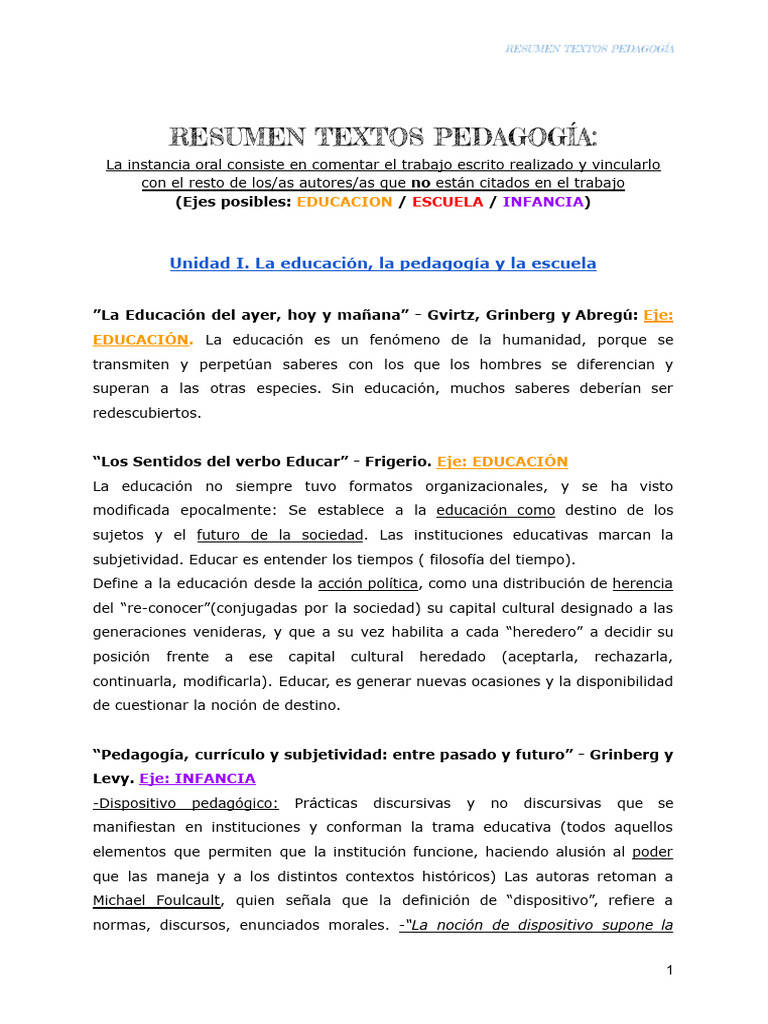 Resumen Textos Pedagogía | PDF | Enseñando | Escuelas