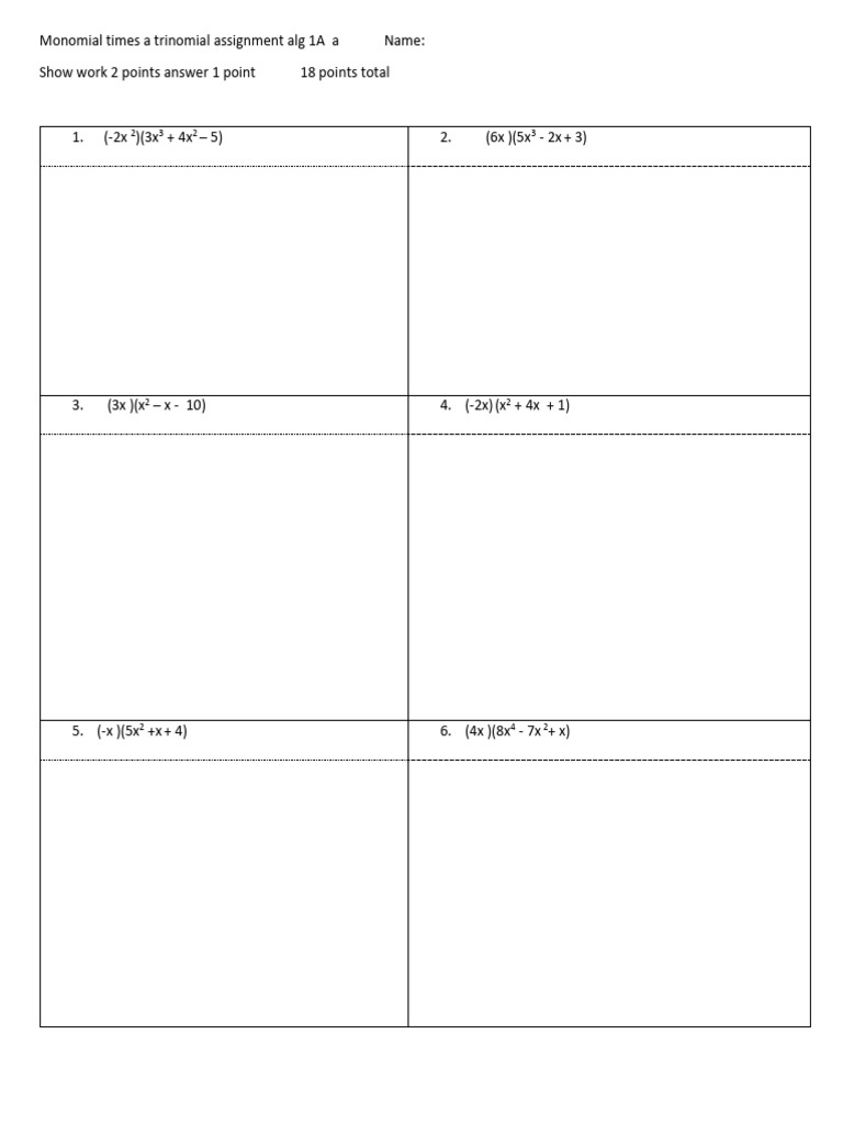 Monomial Times A Trinomial Assignment Alg 1A | PDF