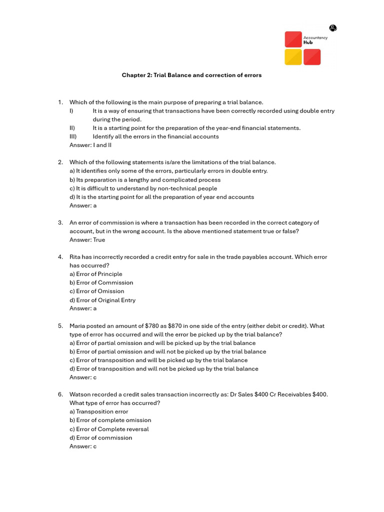 Answer Sheet - Chap2 Trial Balance and Correction of Errors | PDF ...