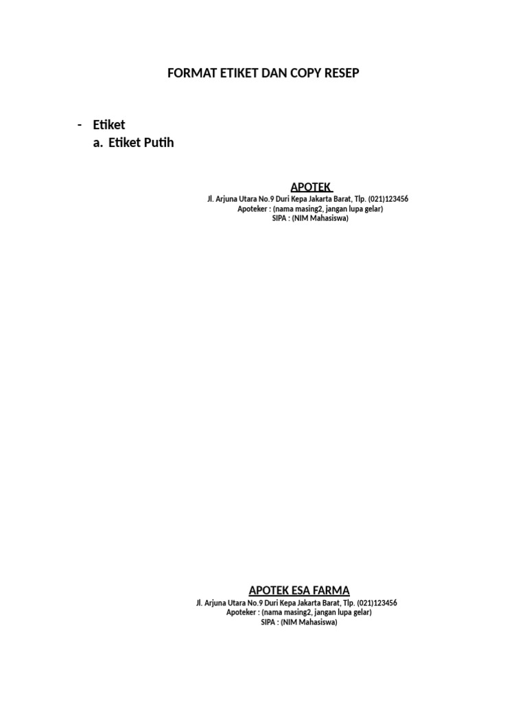 Format Etiket dan Salinan Resep Obat | PDF