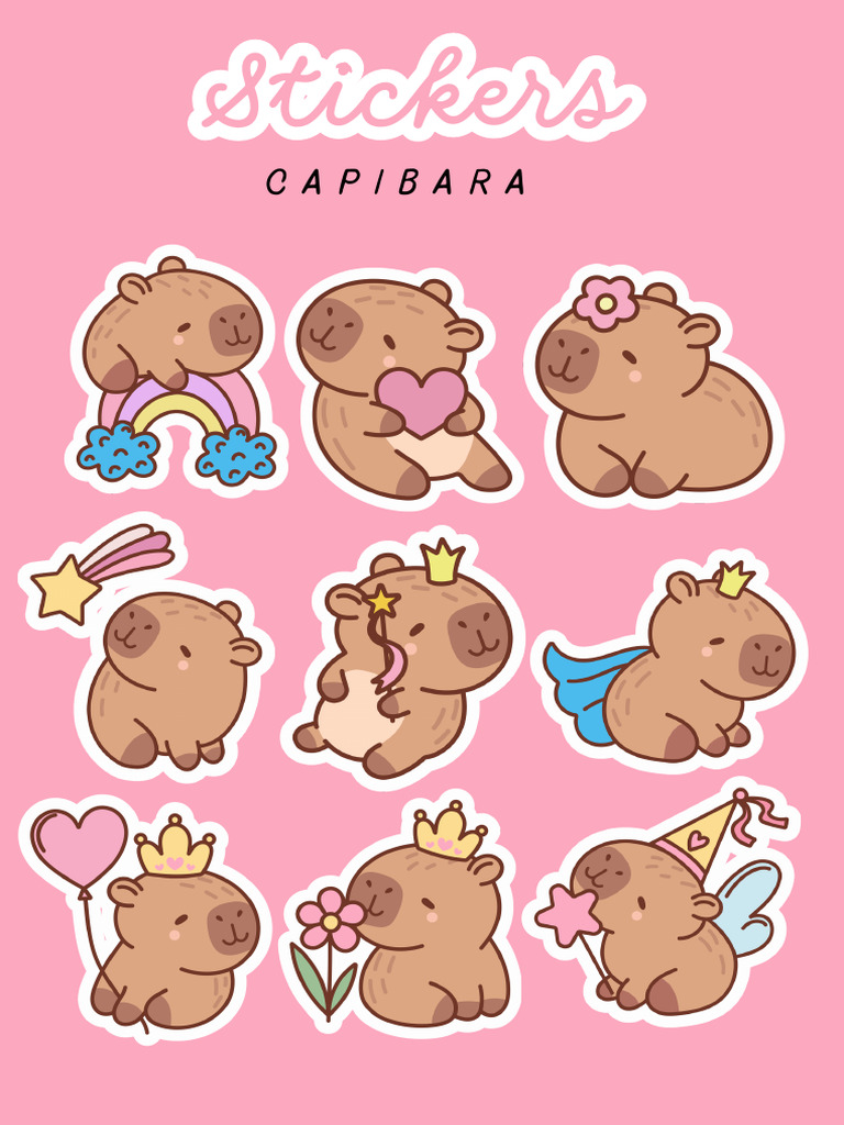 Documento A4 Plancha de Stickers Capibara Ilustrado Rosa | PDF