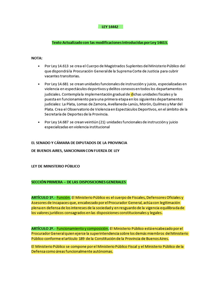 Ley 14442: Ministerio Público BA | PDF | Fiscal | Judicaturas