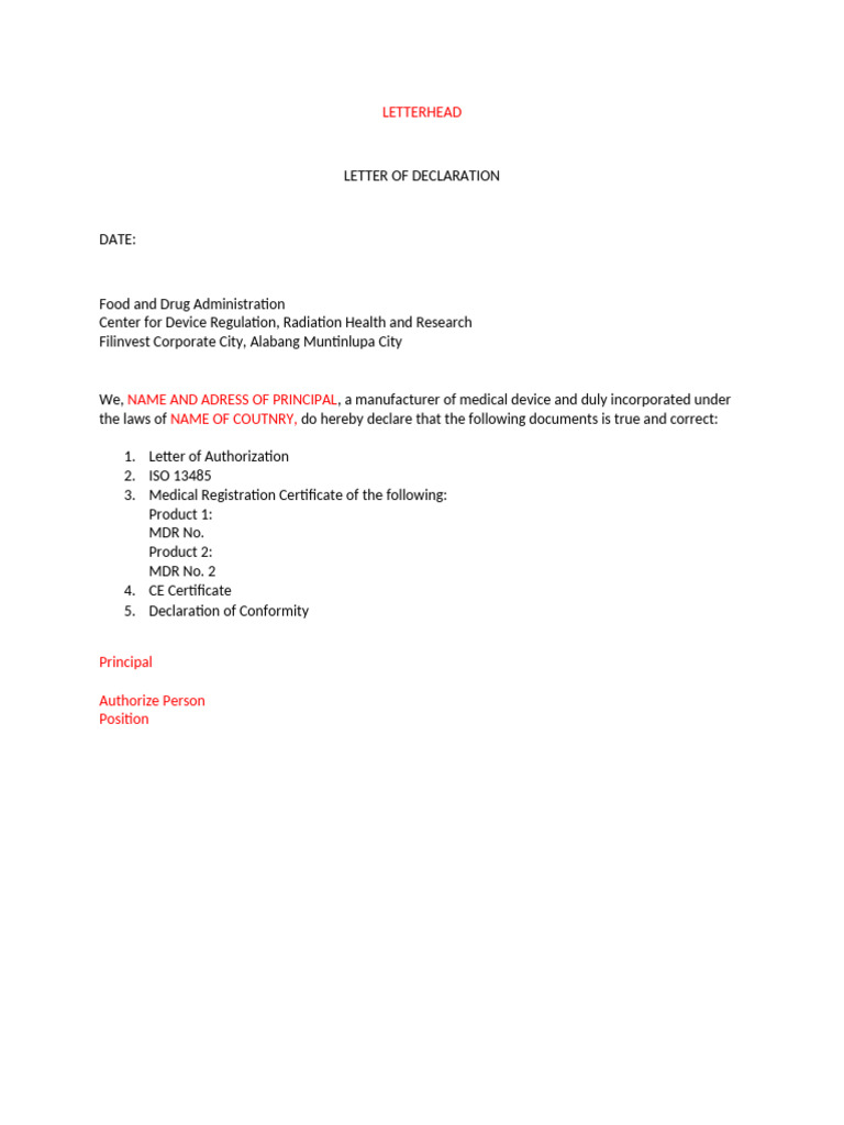 Medical Device Declaration Letter | PDF
