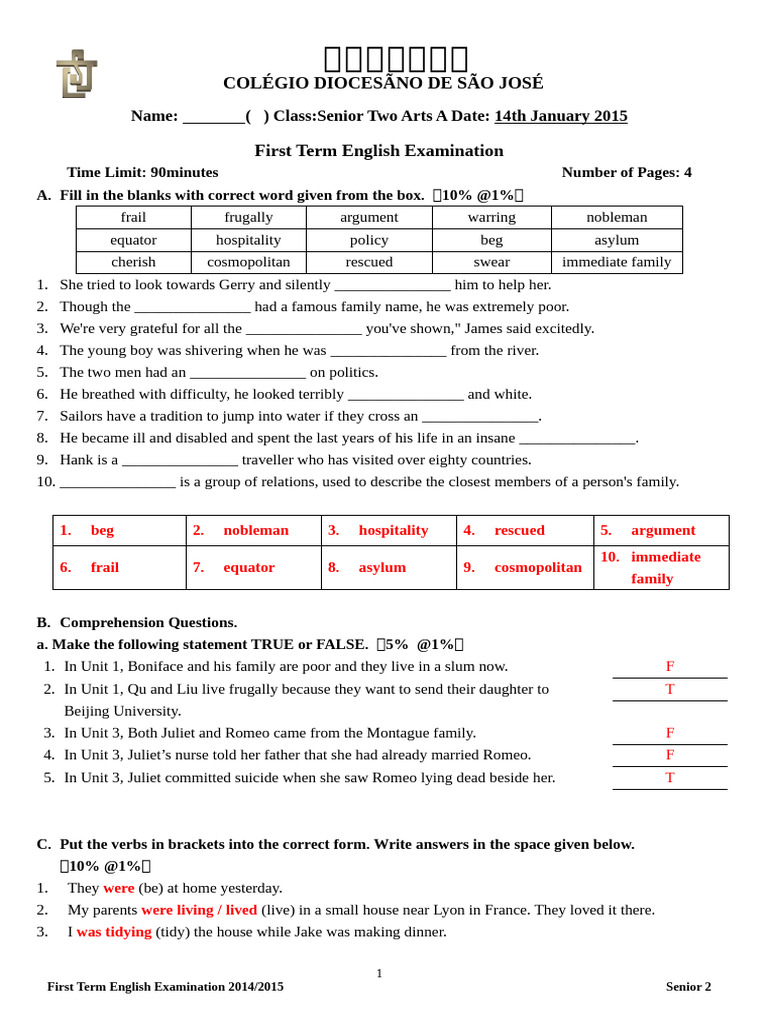 First Term English Exam for Senior Two | PDF | Characters In Romeo And ...