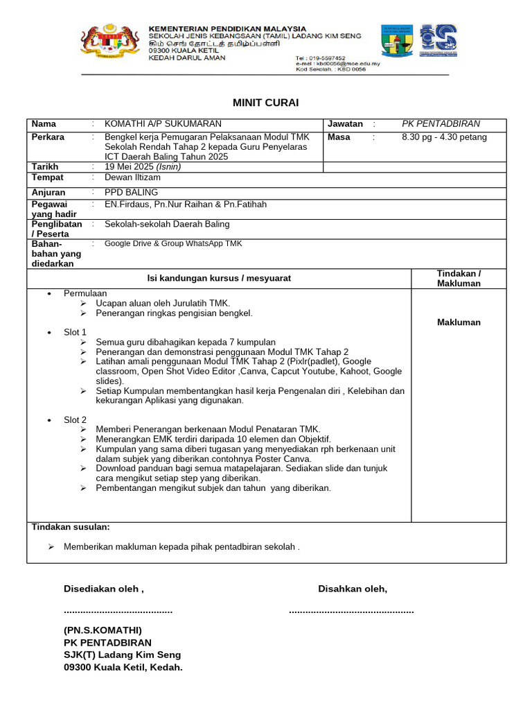 Minit Curai Bengkel Kerja TMK | PDF