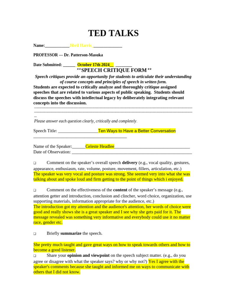 TED TALK Observation Form | PDF | Speech | Attention