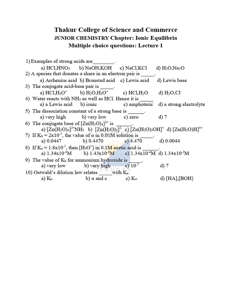 Ionic Equilibria 10 MCQS 2025-26 | PDF