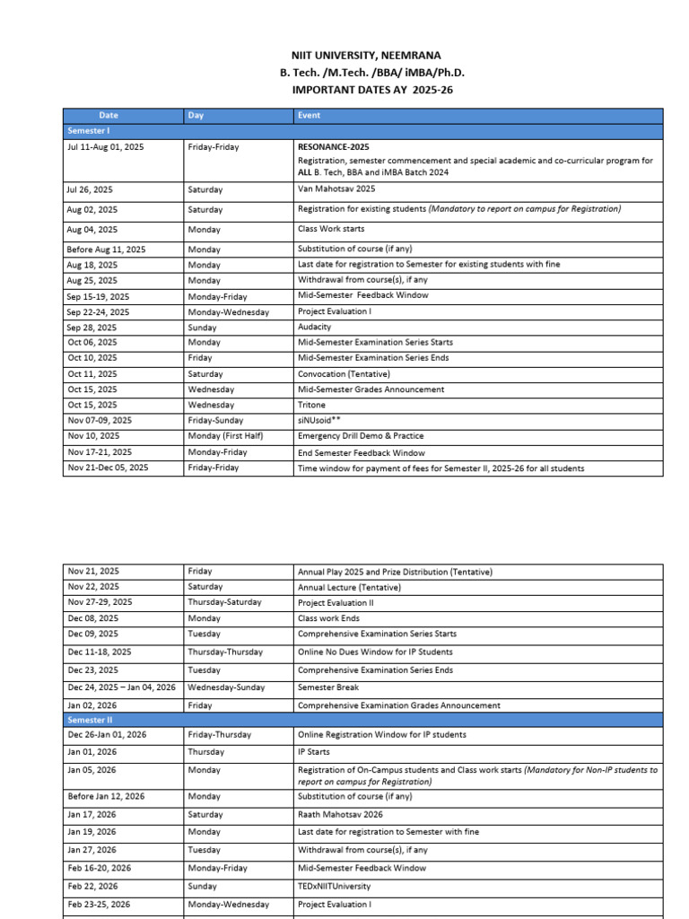 NIIT University Academic Calendar 2025-26 | PDF | Academic Term ...