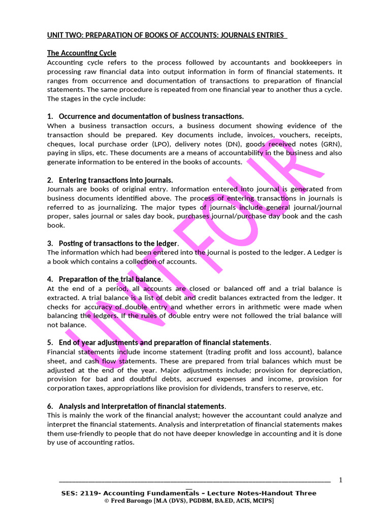 Handout Four - Accounting Cycle - Journal Entries | PDF | Debits And ...