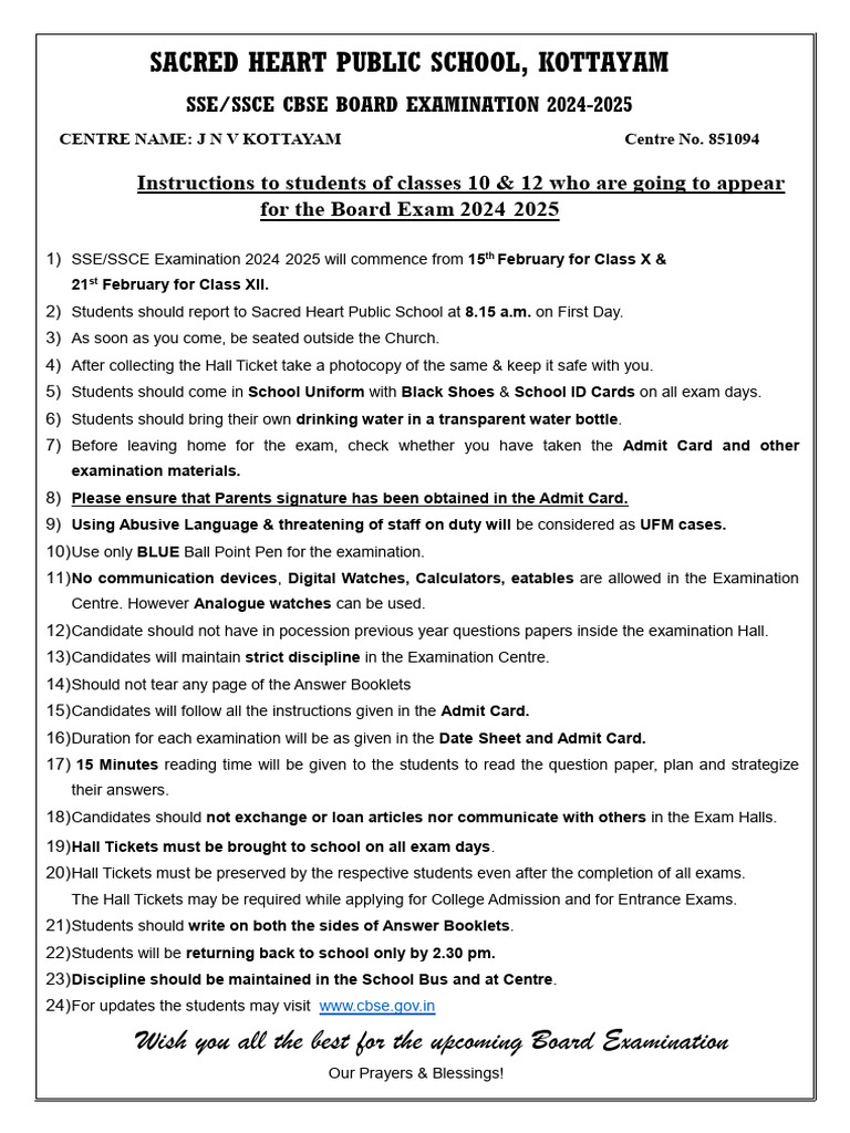 Instructions To Students of Classes 10 & 12 Who Are Going To Appear For ...