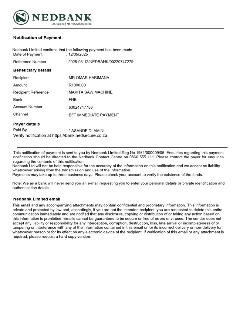 Nedbank Payment Confirmation Notice | PDF