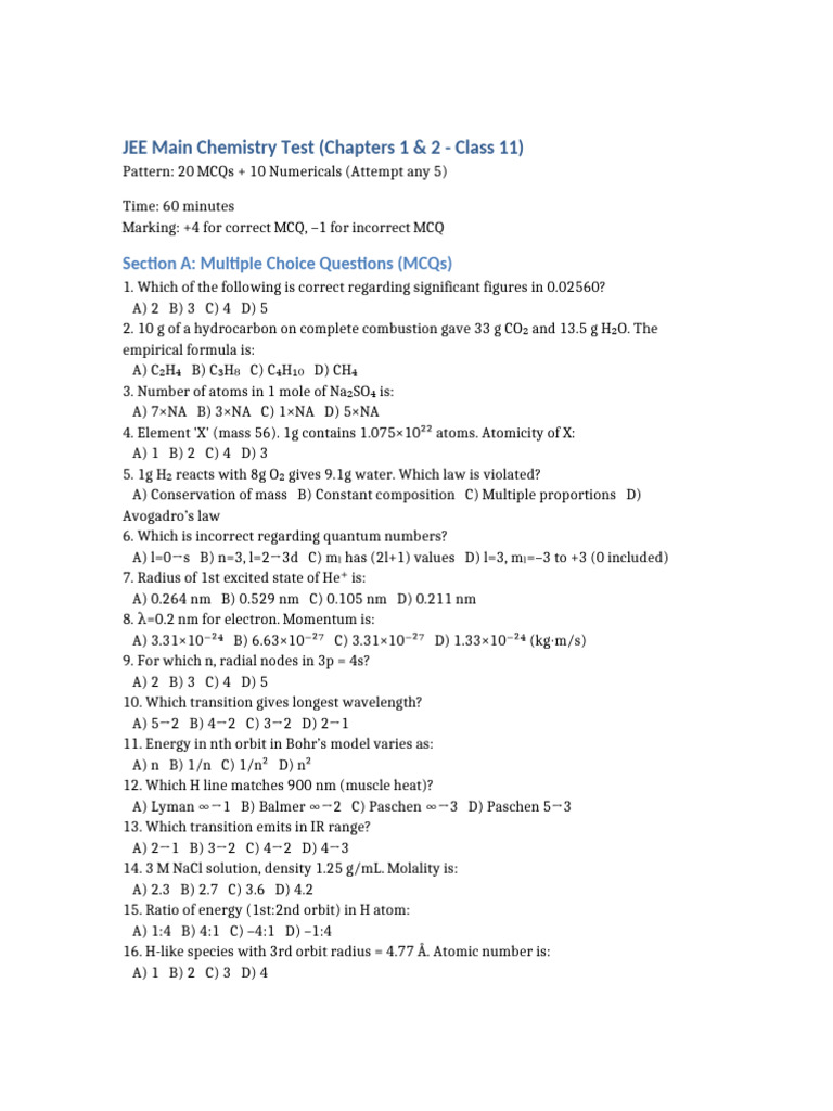 JEE Main Chemistry Test | PDF | Atoms | Multiple Choice