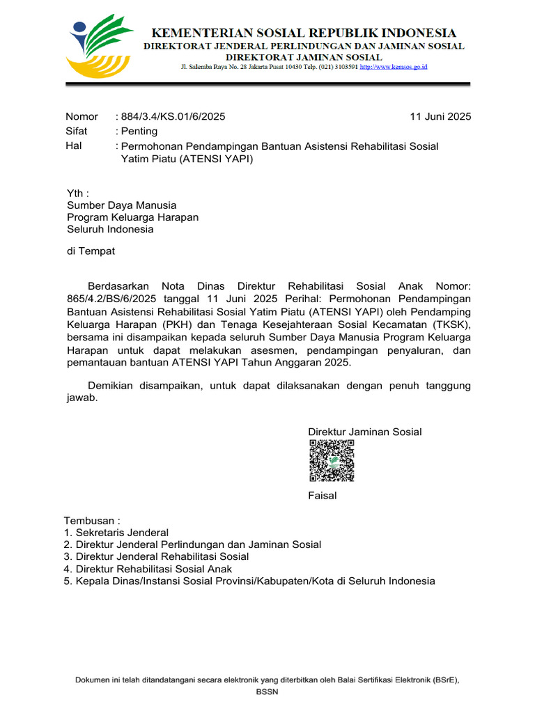 884, Kpd SDM PKH Selindo, Permohonan Pendampingan Bantuan ATENSI YAPI | PDF