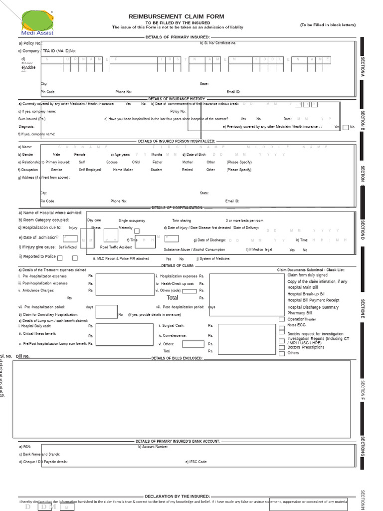 Medi Assist Reimbursement Claim Form | PDF | Insurance | Banks
