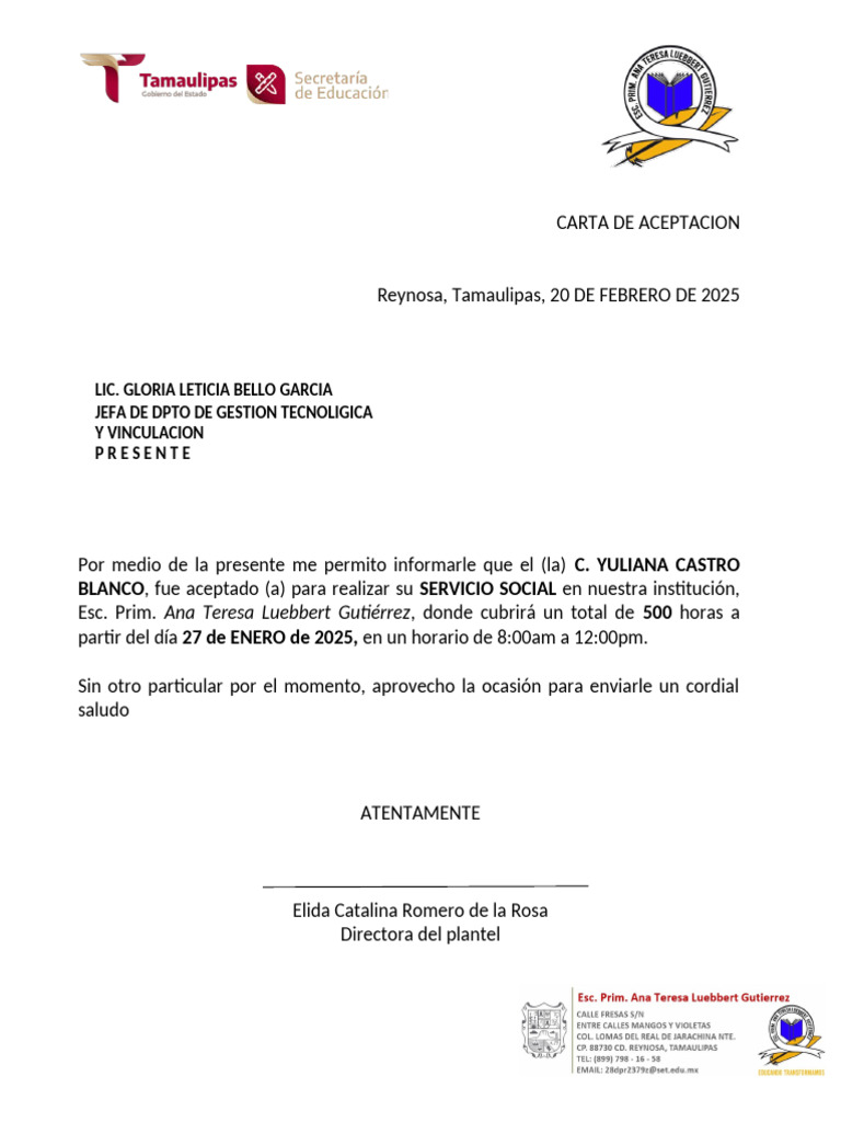 Carta De Aceptacion Del Servicio Social 2021 Pdf