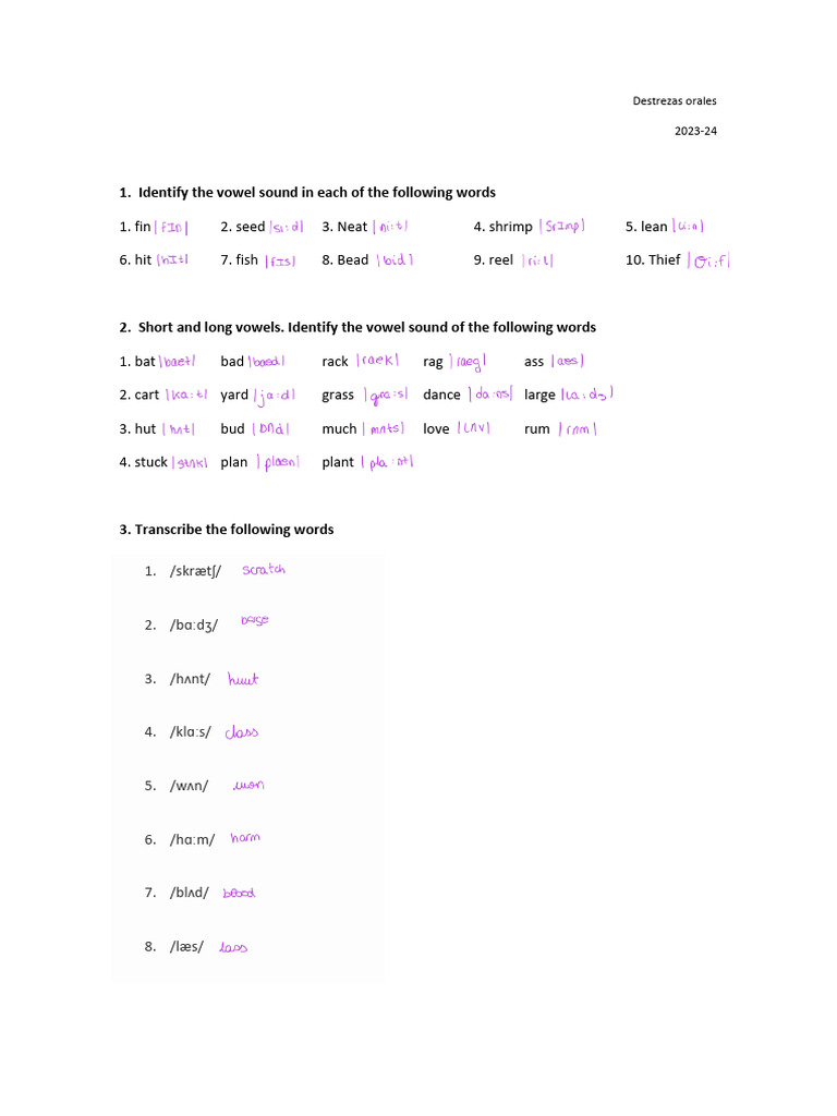 Vowel Sound Identification Exercises | PDF