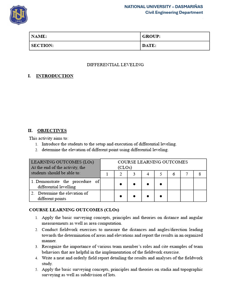 Fieldwork 4 - Differential Leveling | PDF | Surveying