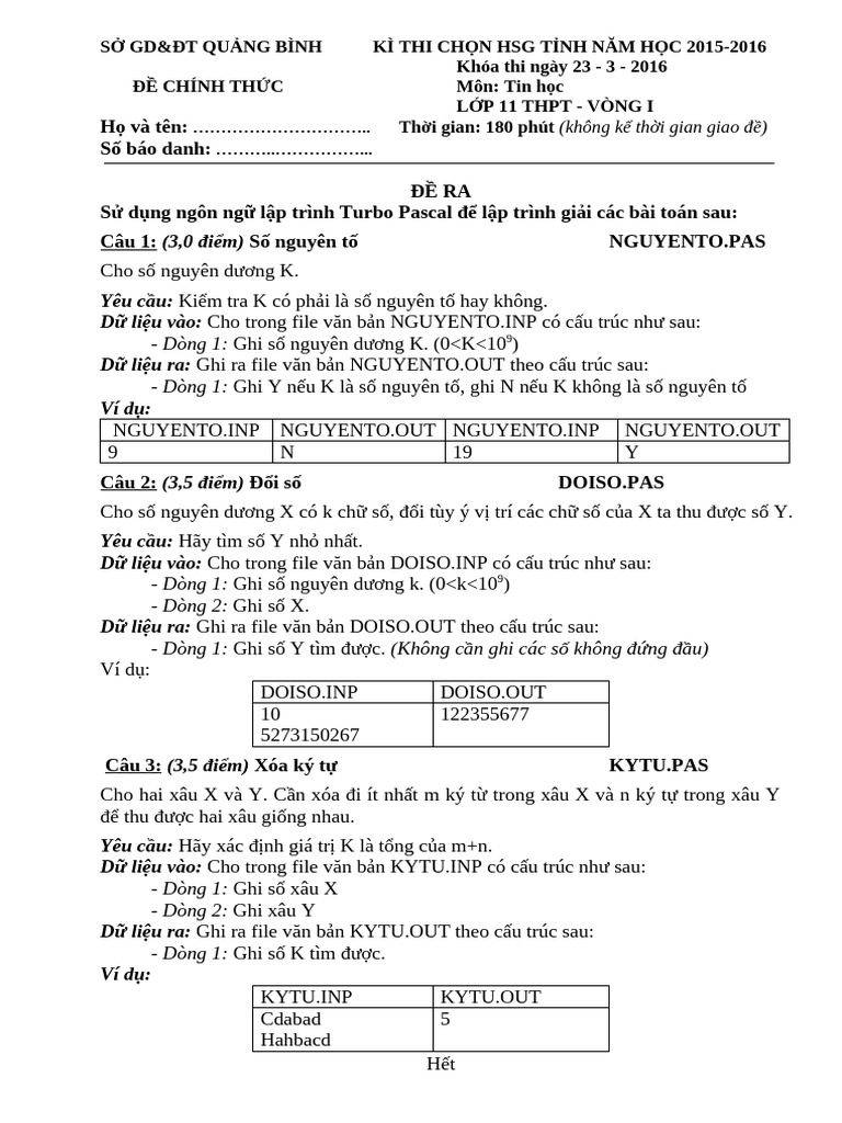 De Thi HSG 11 Nam 2015 2016 Vong 1 | PDF