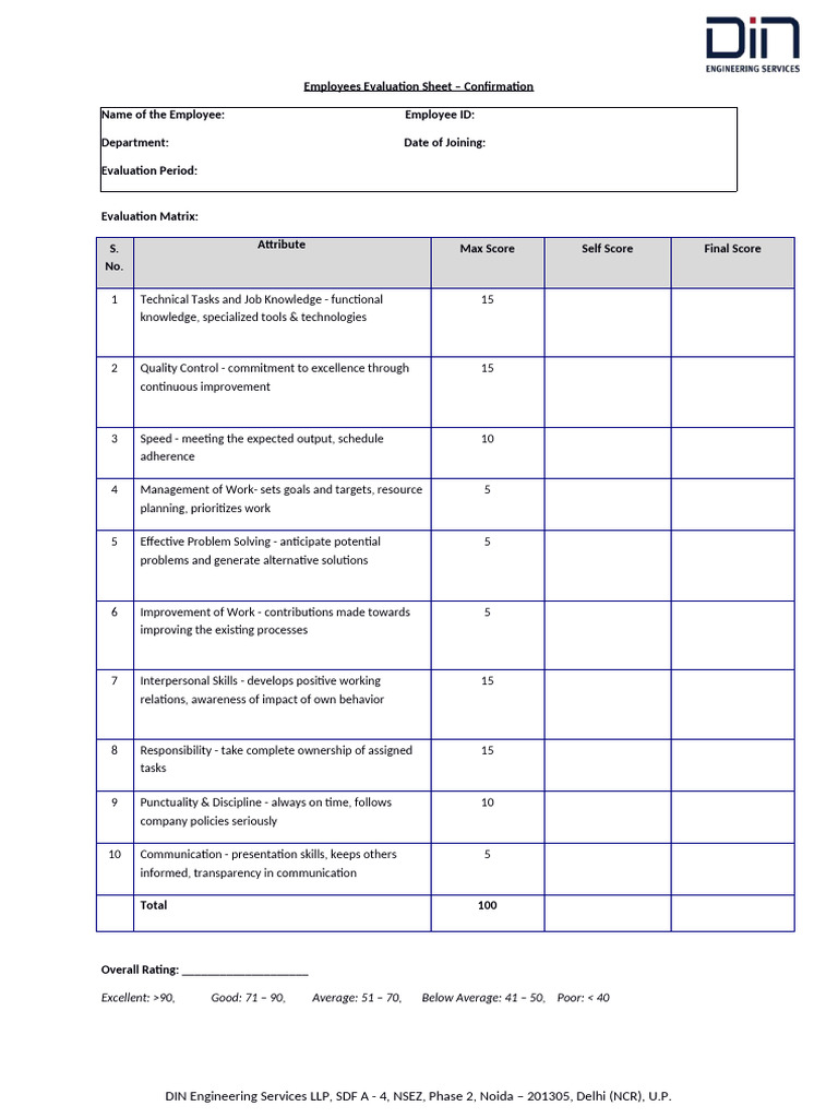 Empoyees Evaluation Sheet - Confirmation Format | PDF | Evaluation ...