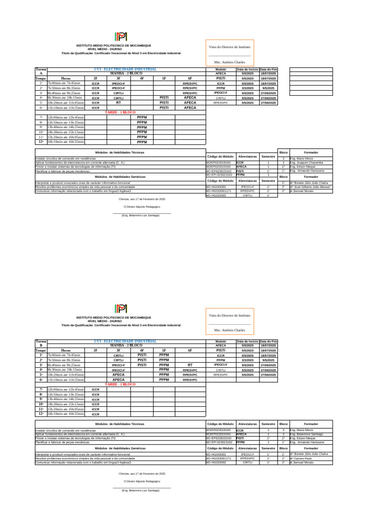 Horario CV3EI, CV4EI e CV5 Diurno e Noturno 2025 (Guardado Automaticamente) | PDF | Quantidades ...