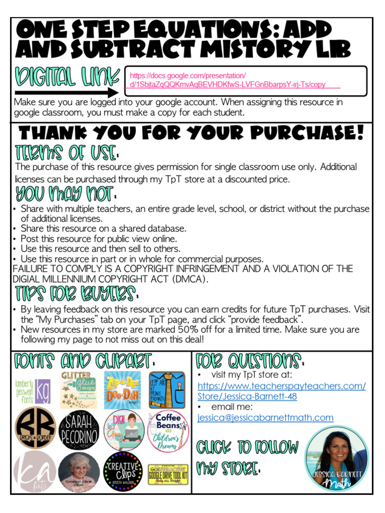 One Step Equations: Add and Subtract Mistory Lib: Thank You For Your ...