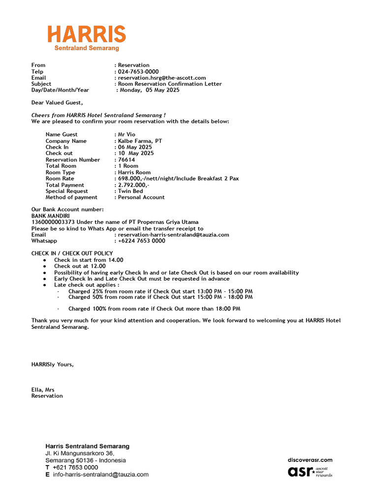 Confirmation Letter MR Vio (Kalbe Farma) | PDF