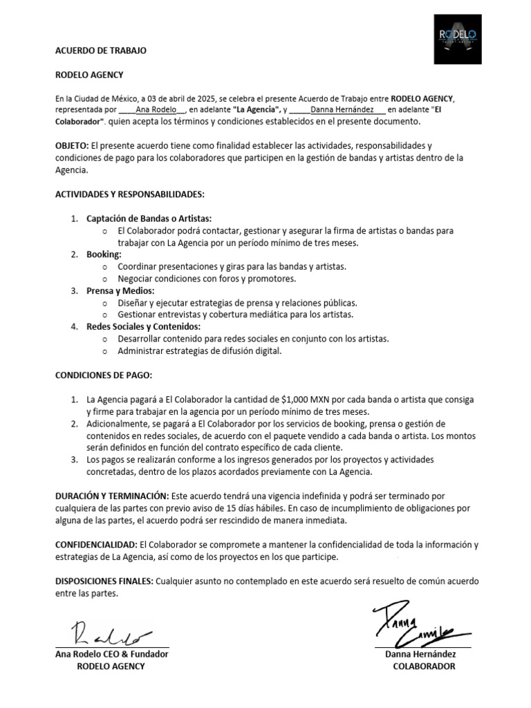 Acuerdo de Trabajo RODELO AGENCY | PDF