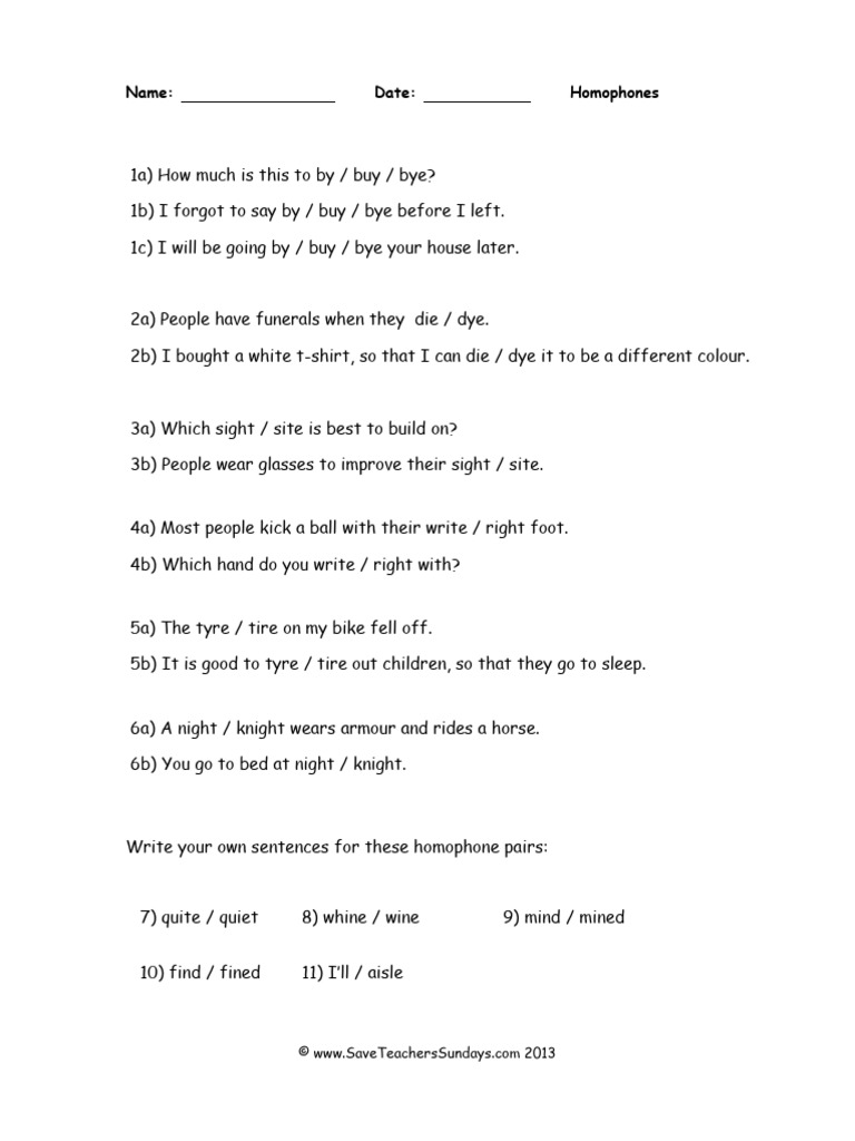 Homophones Worksheet 2 | PDF