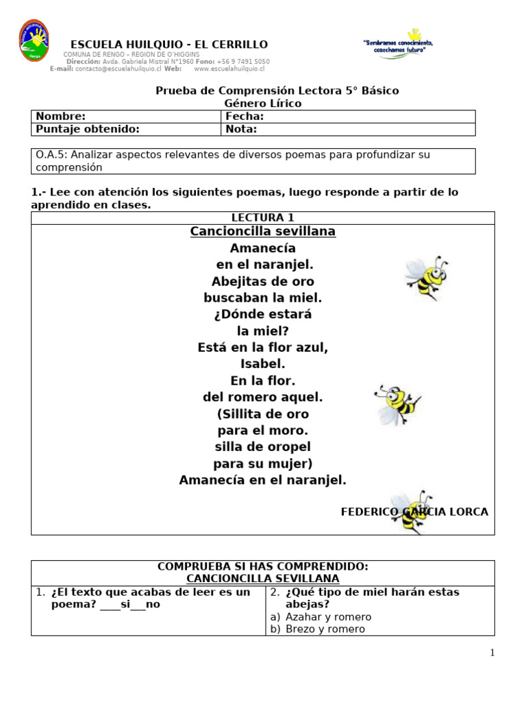 Prueba de Comprensión Lectora 5° Básico | PDF