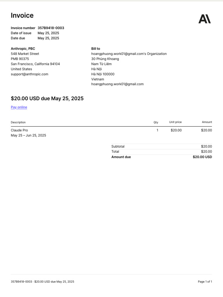Invoice for Claude Pro Subscription | PDF