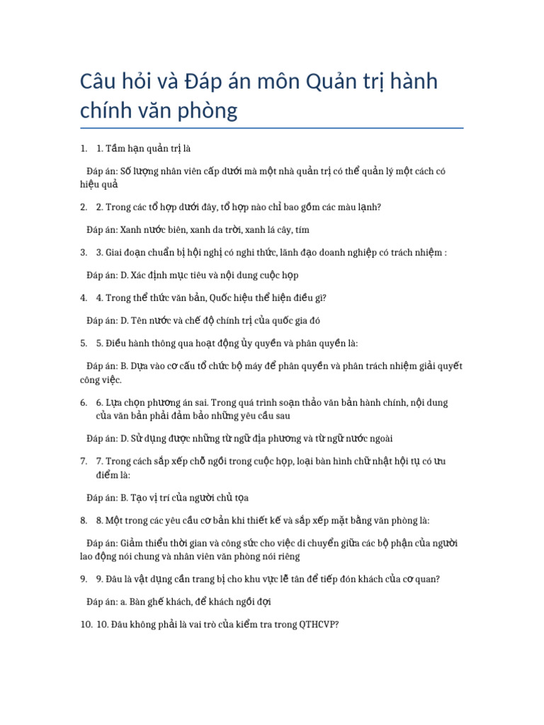 Cau Hoi Va Dap An Day Du QTHCVP | PDF