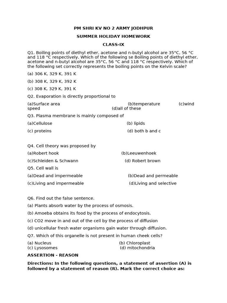 Class IX Summer Homework: Science Questions | PDF | Water | Cell (Biology)