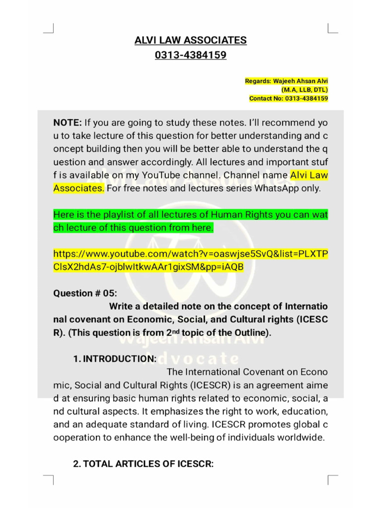 Human Rights Question No 05 ICESCR. | PDF