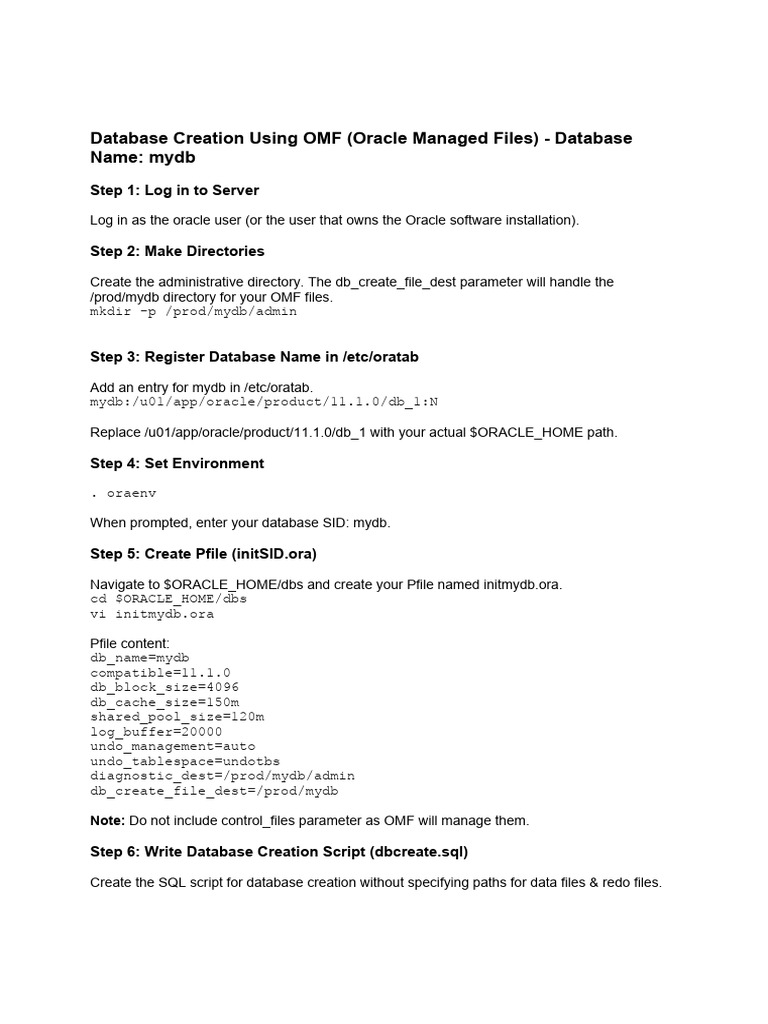 Oracle Database Creation Using Oracle Managed Files OMF 1749728285 | PDF