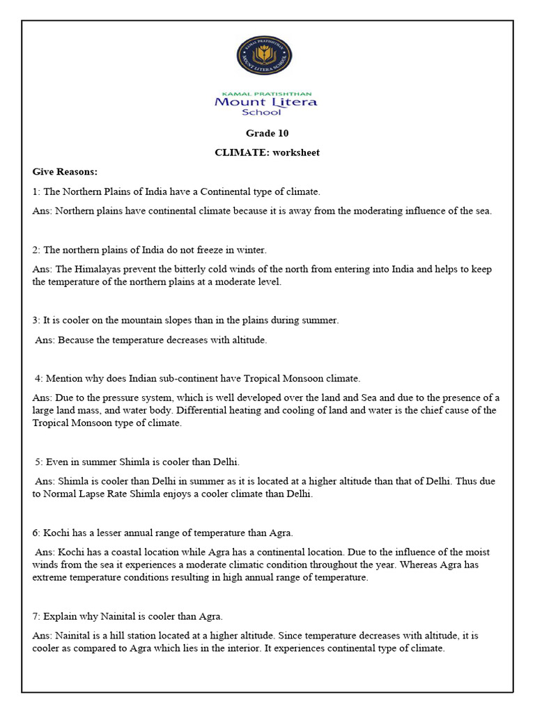 509 Grade 10 Climate Worksheet | PDF | Rain | Monsoon