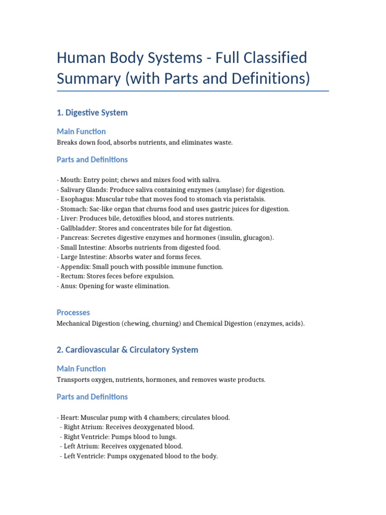 Overview of Human Body Systems | PDF | Respiratory Tract | Respiratory ...