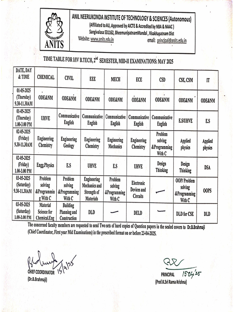 1st Year 2nd Sem 2nd Mid Time Table | PDF