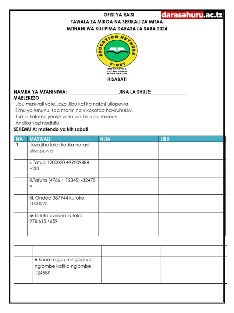 E-Net STD Vii-Hesabu Vii Enet | PDF