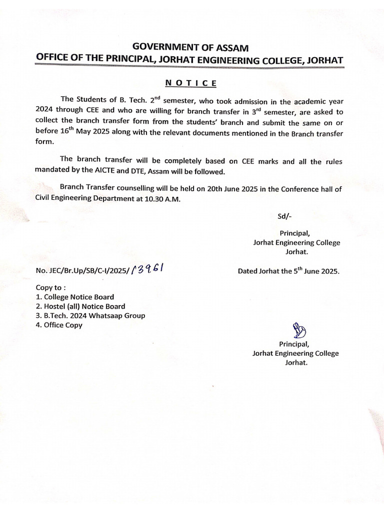 Branch Transfer Notice For 2nd Sem Students | PDF