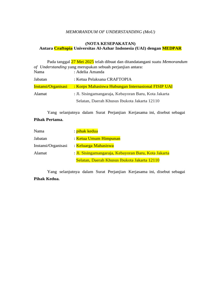 Draft Memorandum of Understanding Craftopia | PDF