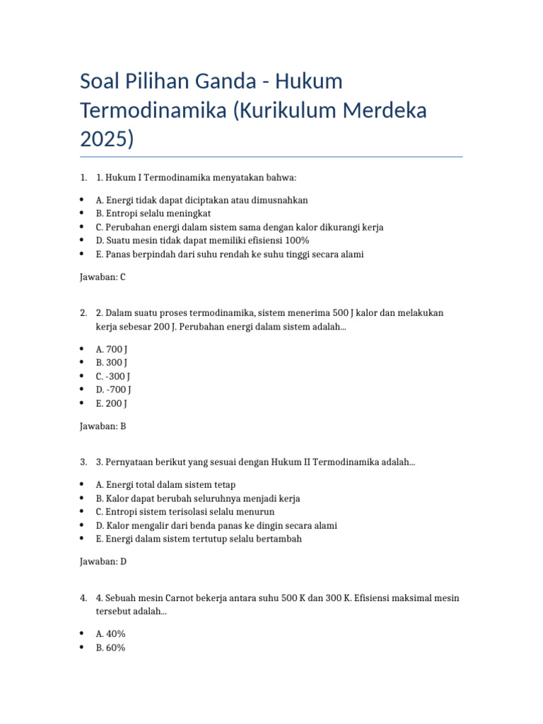 Soal Hukum Termodinamika SMA KM2025 | PDF