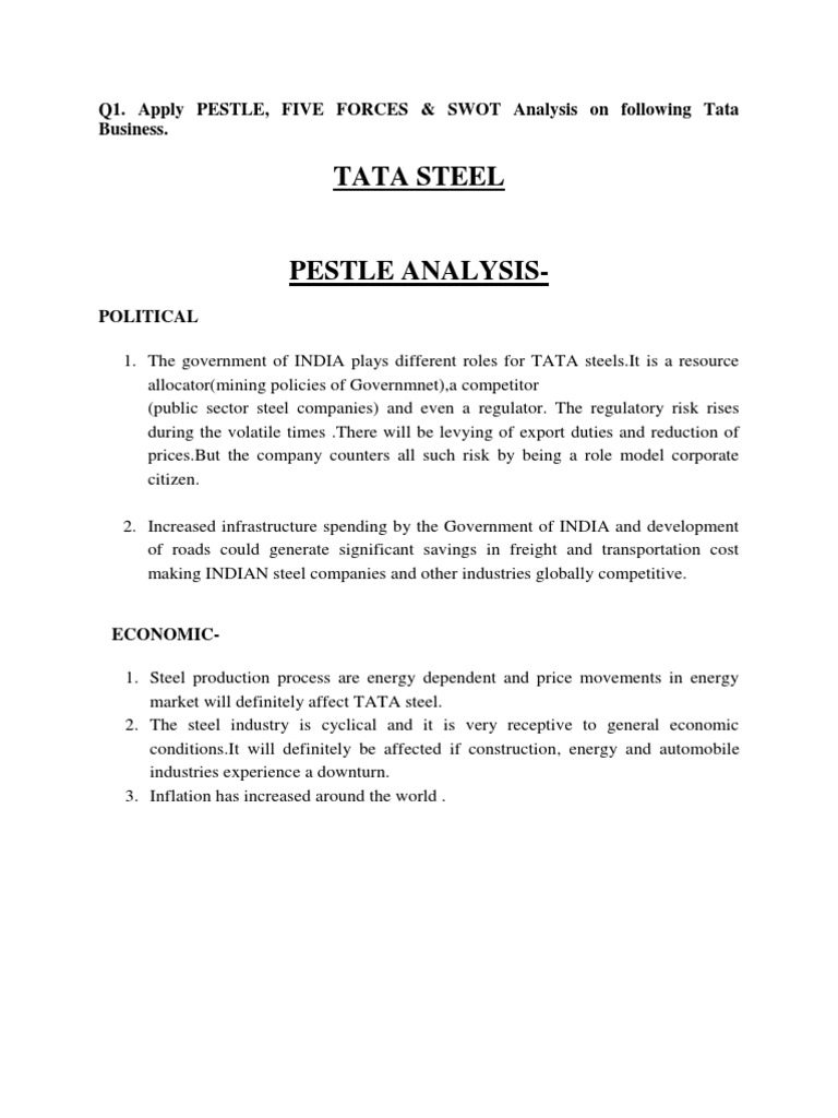 Tata Steel: Q1. Apply PESTLE, FIVE FORCES & SWOT Analysis On Following ...