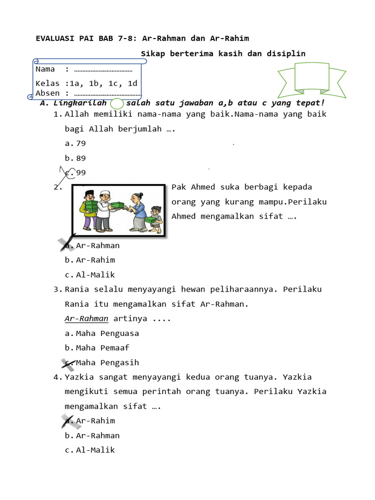 EVALUASI PAI Kelas 1 BAB 7 8 Ar Rahman Ar Rahim, Terima Kasih Dan | PDF