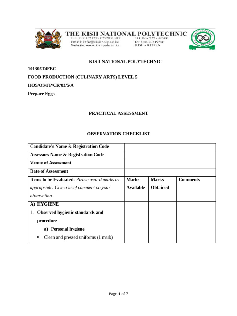 Observation Checklist PREPARE EGGS | PDF | Foods | Cooking