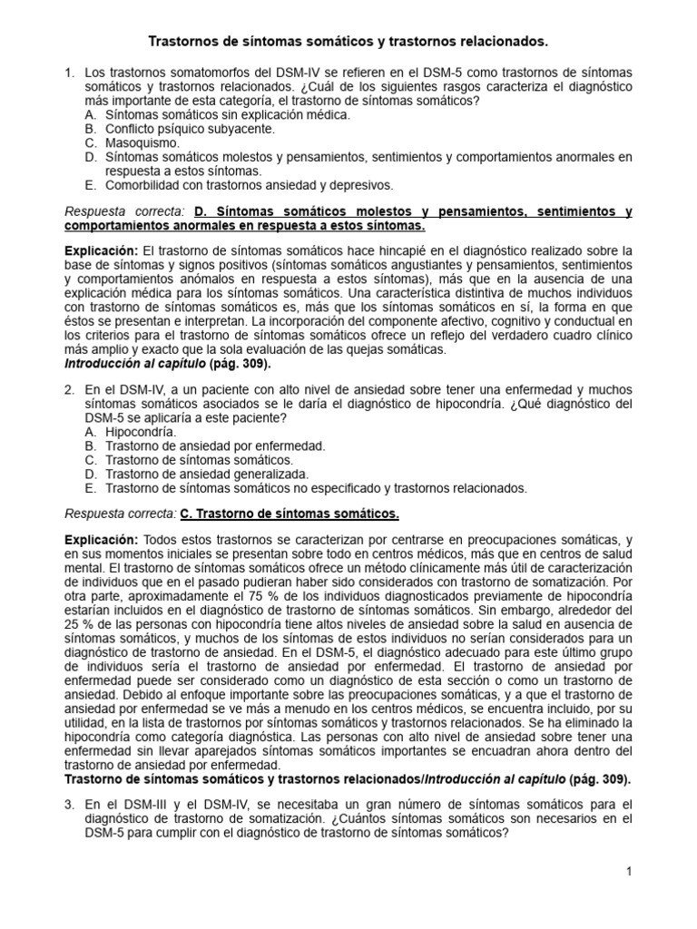9 Trastornos de Síntomas Somáticos y Trastornos Relacionados Respuestas | PDF | Ansiedad ...