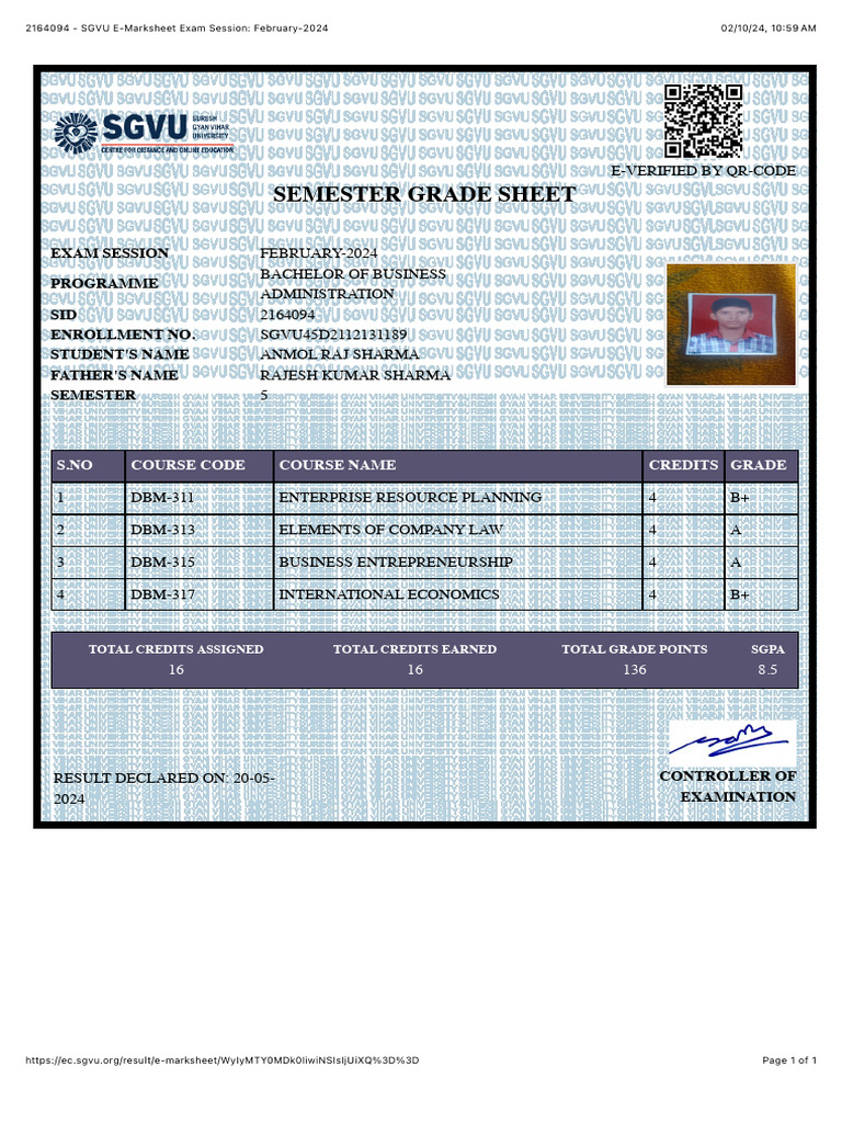5th Sem Marksheet | PDF