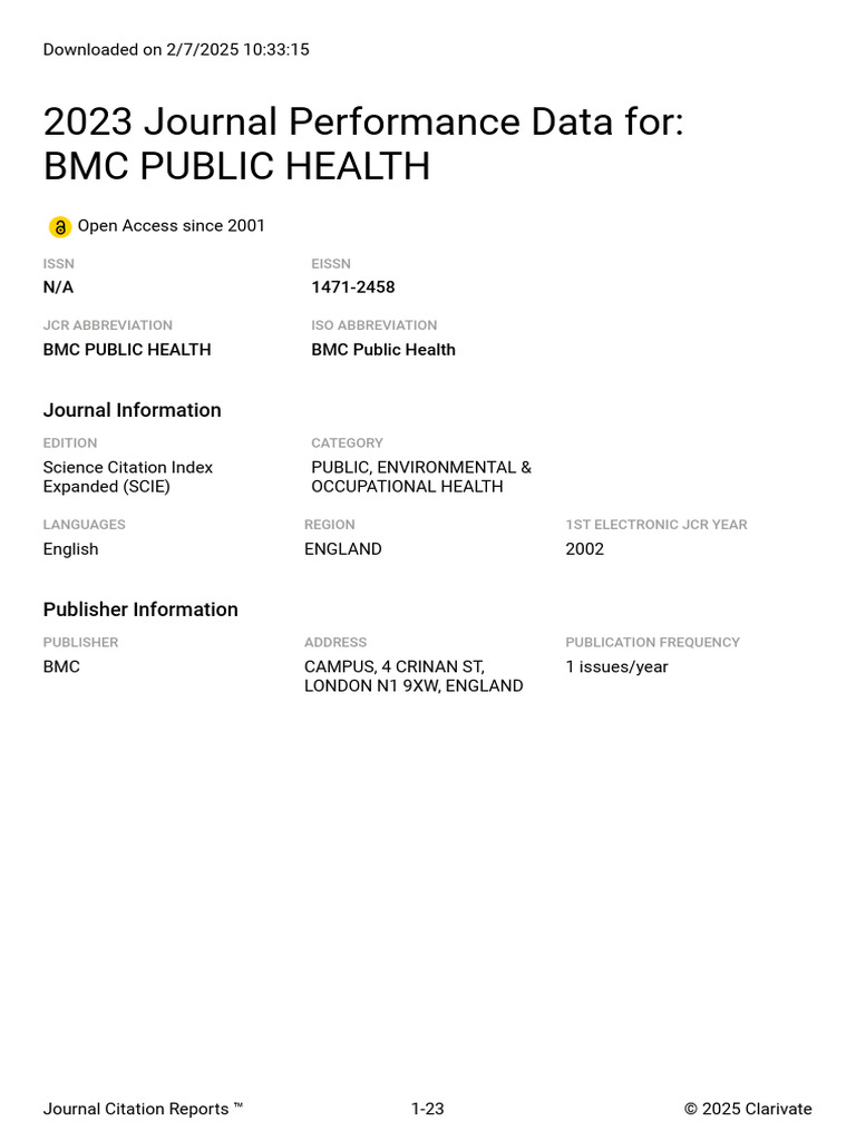 BMC Public Health 2023 Impact Factor Report | PDF | Citation | Open Access