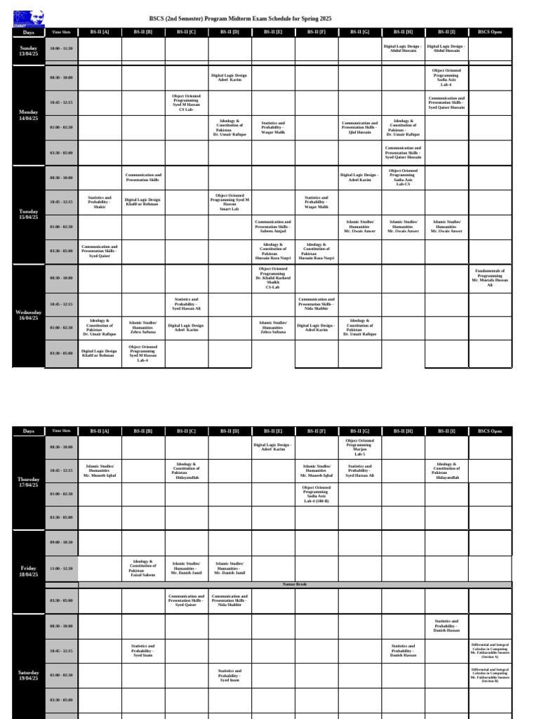 BSCS (1st 2nd Years Semester) Program Midterm Exam Schedule for Spring 2025 (1) | PDF | Mathematics